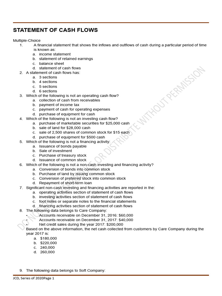 Statement of Cash Flows MCQs | PDF | Book Value | Cash Flow Statement