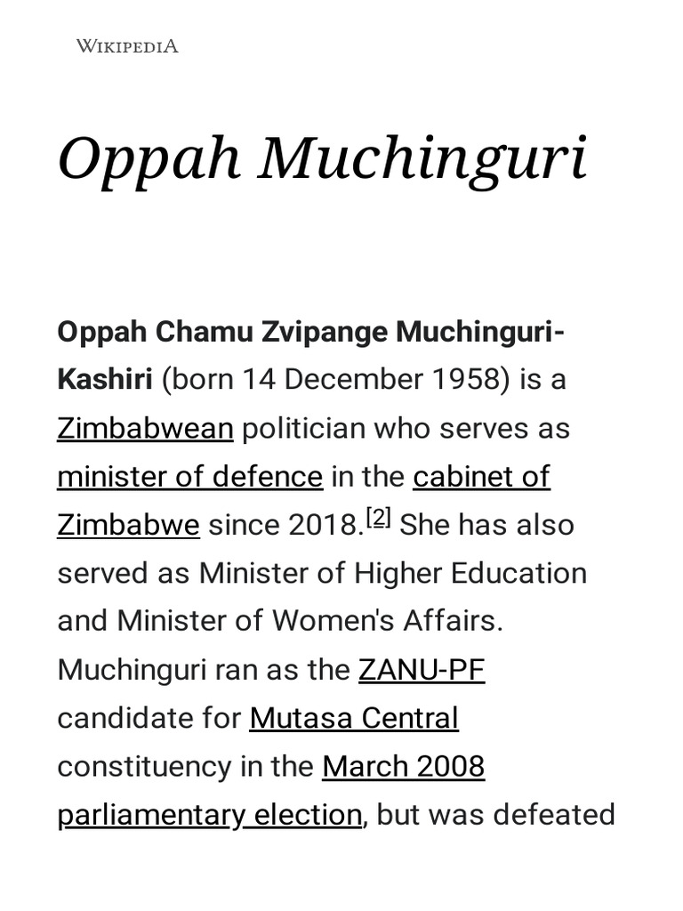 Oppah Muchinguri - Wikipedia | PDF | Zimbabwe | Politics Of Zimbabwe