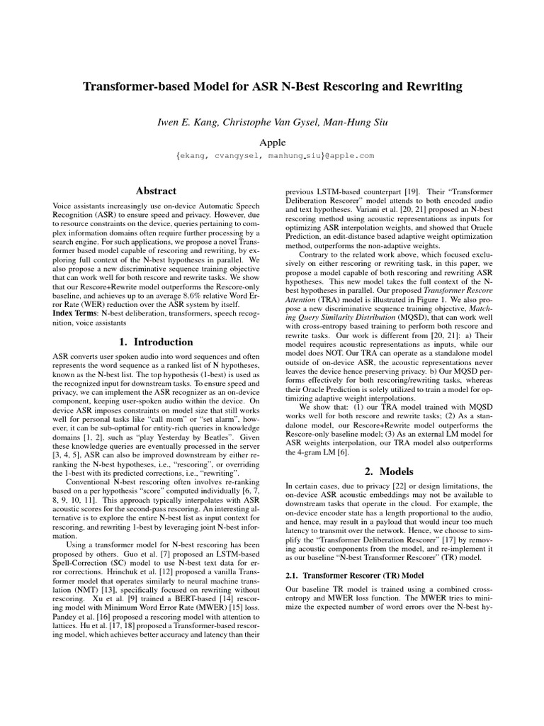 Transformer Based Model For Asr Rescoring | PDF | Speech Recognition | Artificial Intelligence