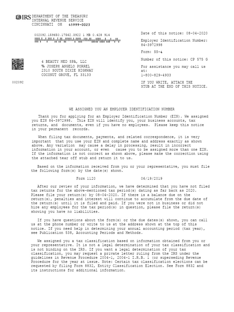 EIN Assignment Notice for 4 Beauty Med Spa | PDF | Internal Revenue ...