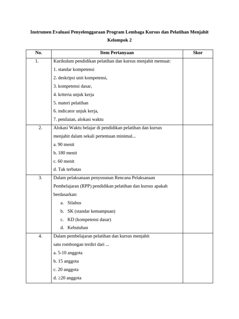 Instrumen Evaluasi Penyelenggaraan Program Lembaga Kursus dan Pelatihan Menjahit Kelompok 2 | PDF