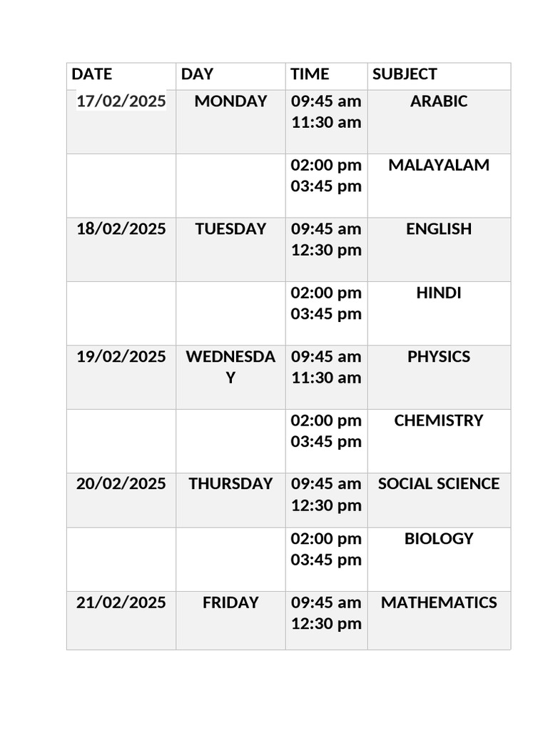 Time Table Model SSLC | PDF