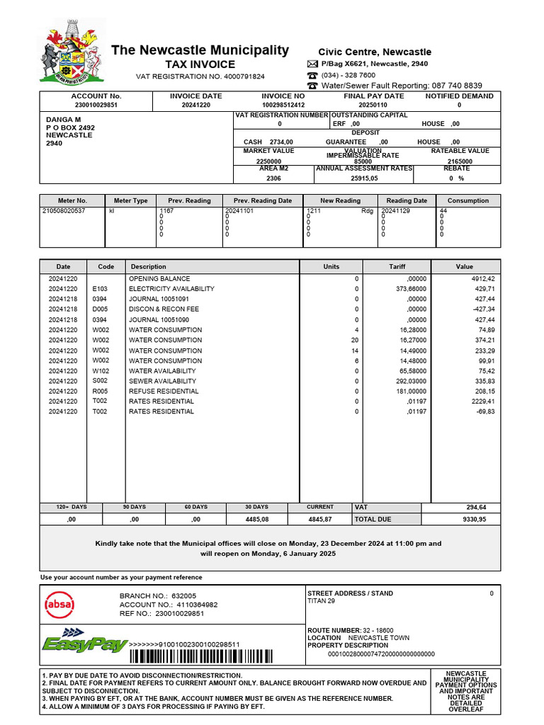 The Newcastle Municipality: Tax Invoice | PDF | Value Added Tax | Payments