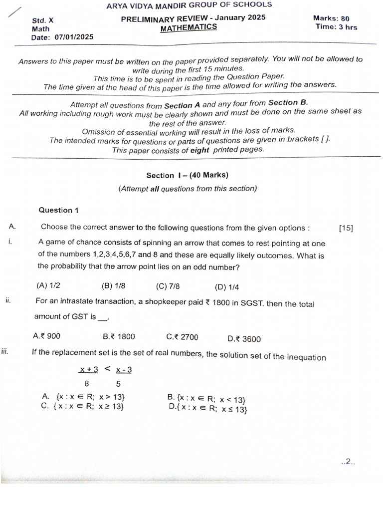 AVM Maths Prelim 2025 | PDF