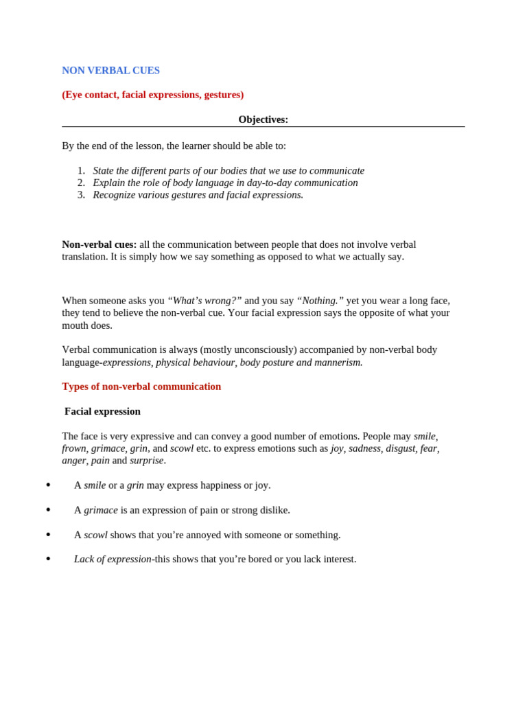 Non Verbal Cues | PDF