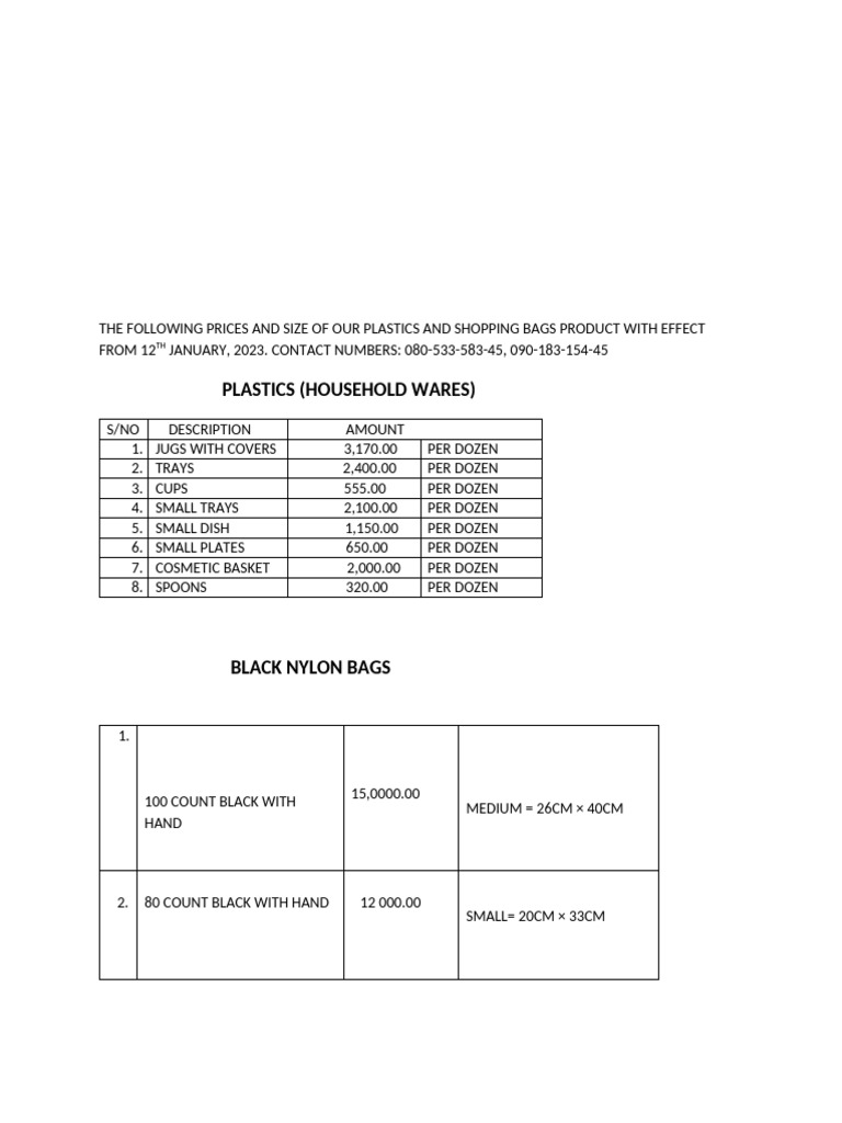 Plastics and Shopping Bags Price List | PDF