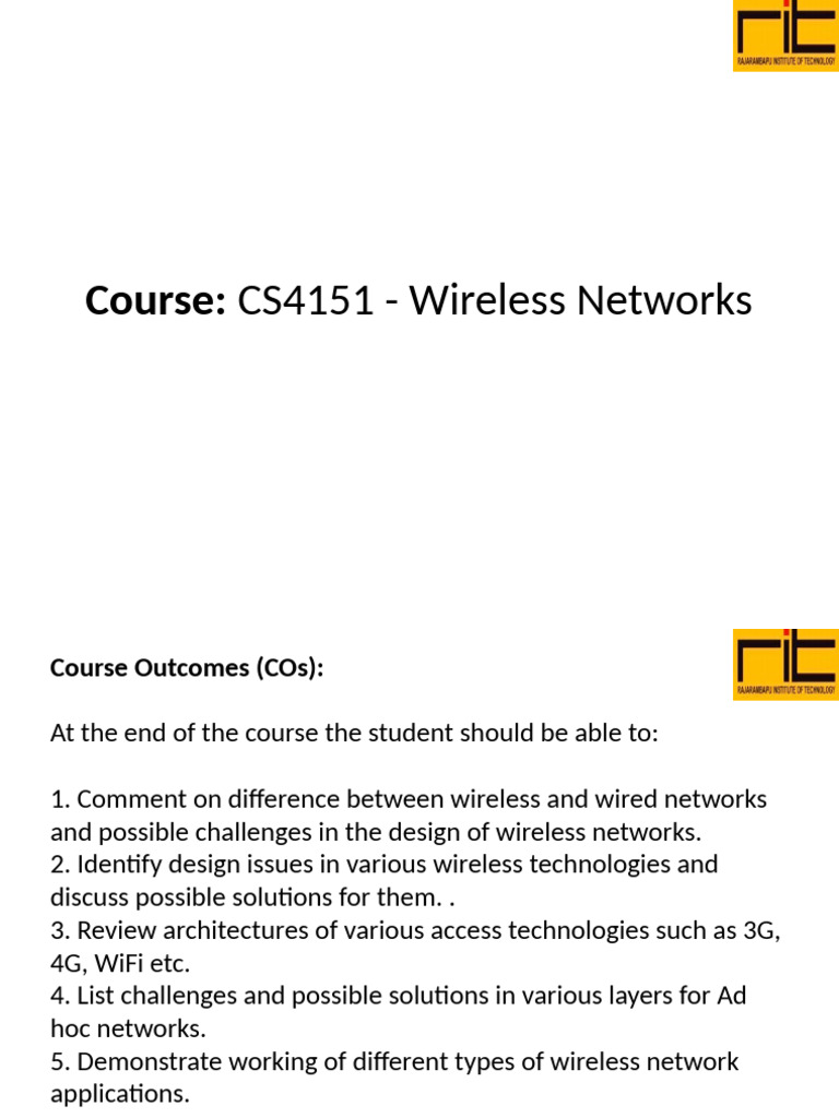 Wireless Networks Course Guide | PDF | Computer Network | Wireless Ad Hoc Network