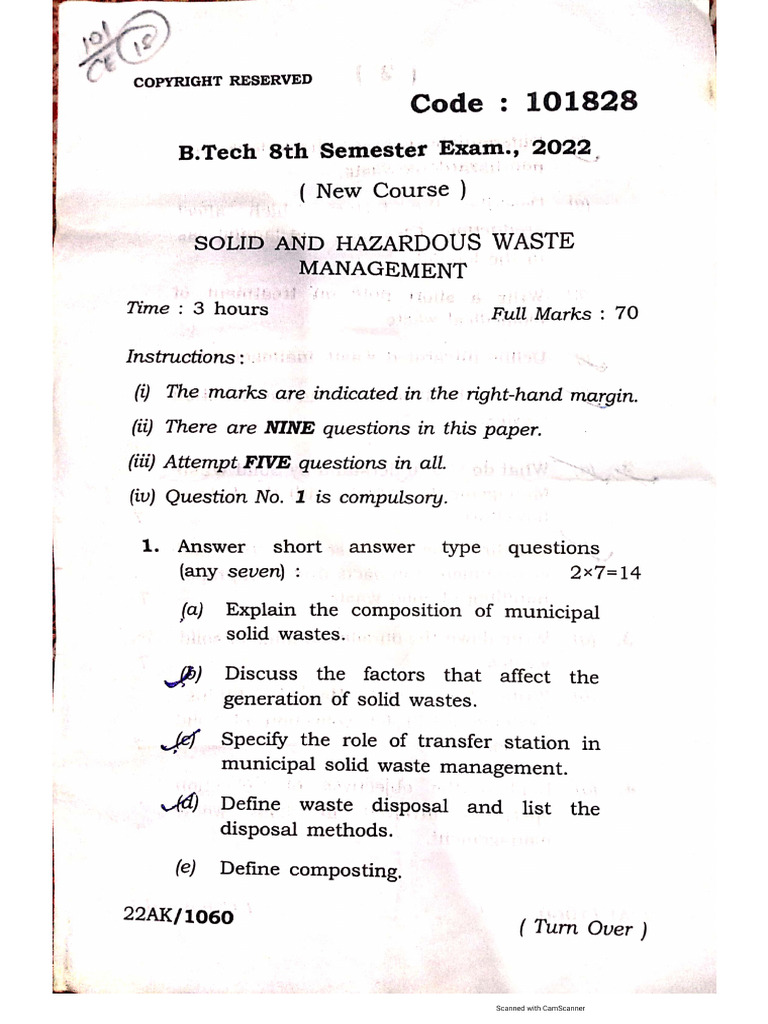 Solid and Hazardous Waste Management - BEU PYQ Solution | PDF