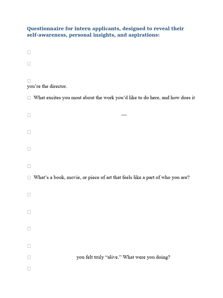 Questionnaire For Intern Applicants | PDF