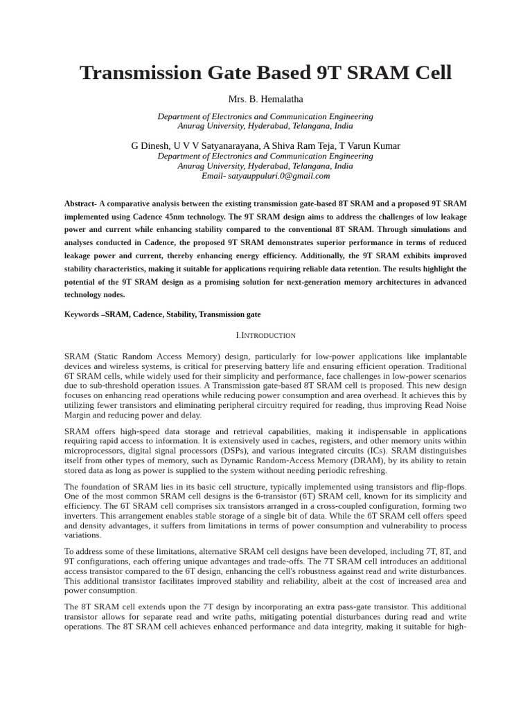 Transmission Gate Based 9T SRAM Cell | PDF | Computer Memory | Random Access Memory