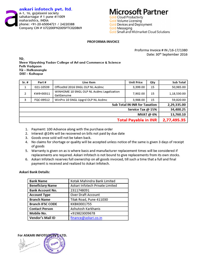 Proforma Invoice for Shree Vijayshing Yadav College | PDF | Taxes ...