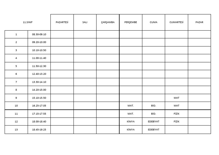 11th Grade Weekly Class Schedule | PDF