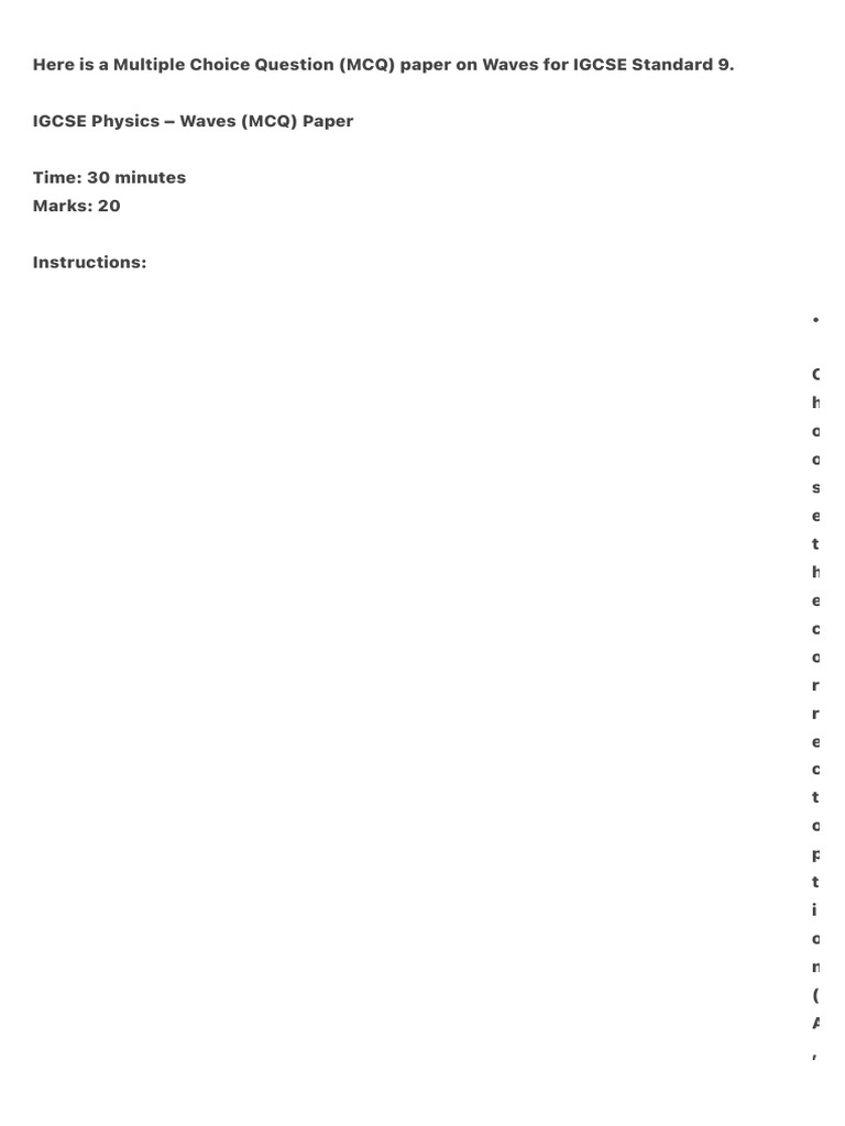 Here Is A Multiple Choice Question (MCQ) Paper On Waves For IGCSE | PDF ...