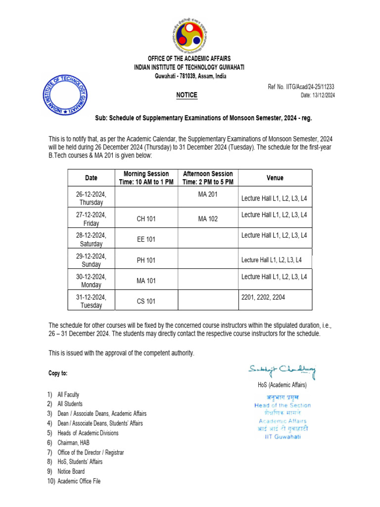 IIT Guwahati Supplementary Exam Schedule | PDF | Academic Term | Academia