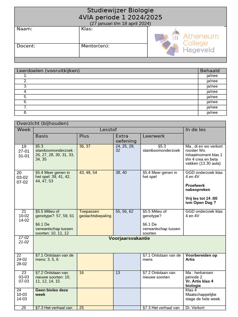 Studiewijzer 4V Biologie Periode 3 2024-2025 | PDF