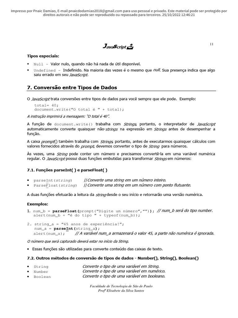 JAVASCRYPT 2 | PDF | Script Java | Tipo de dados