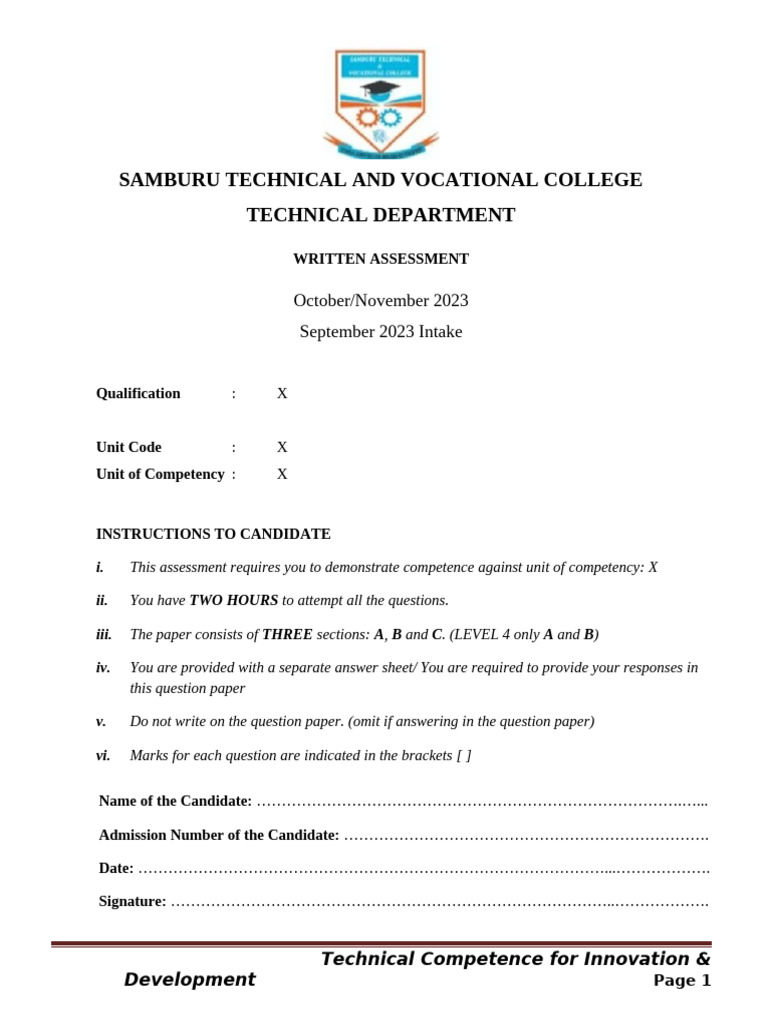 Samburu TVET College Assessment Guide | PDF | Multiple Choice ...