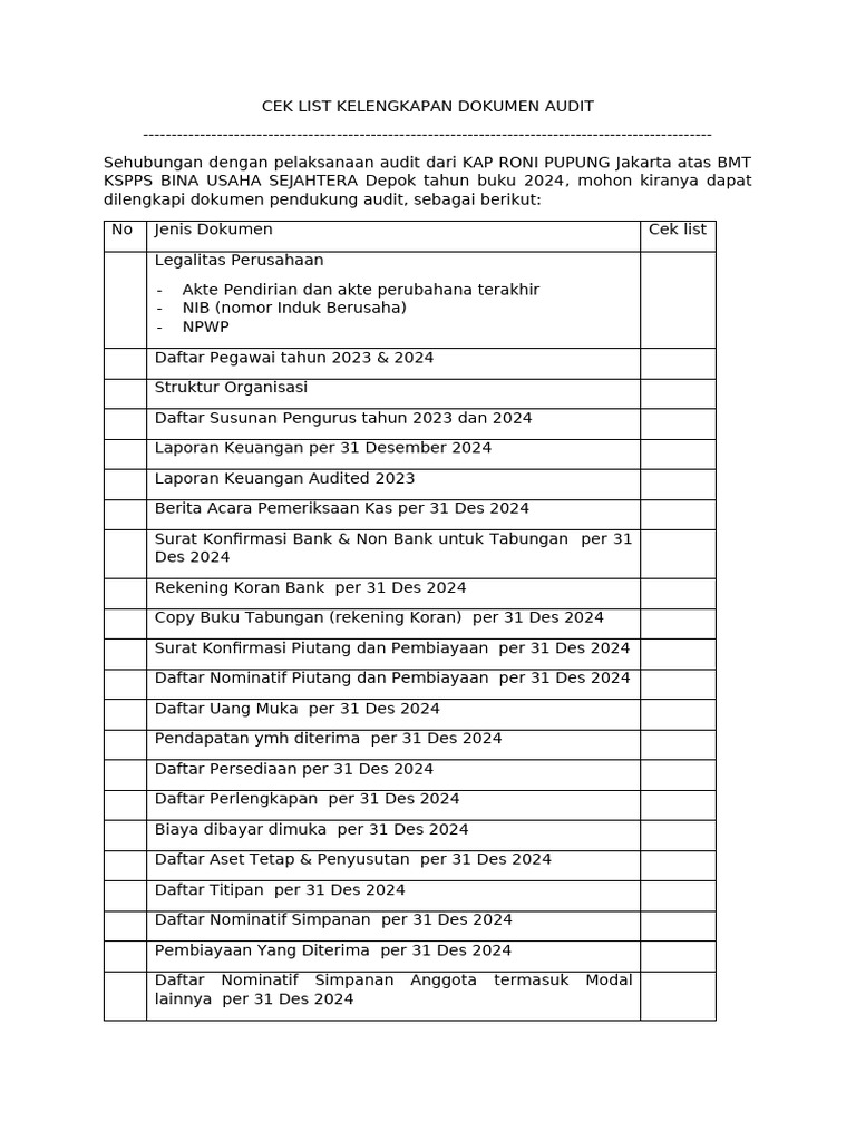 Dokumen Audit KAP Roni Pupung 2024 | PDF