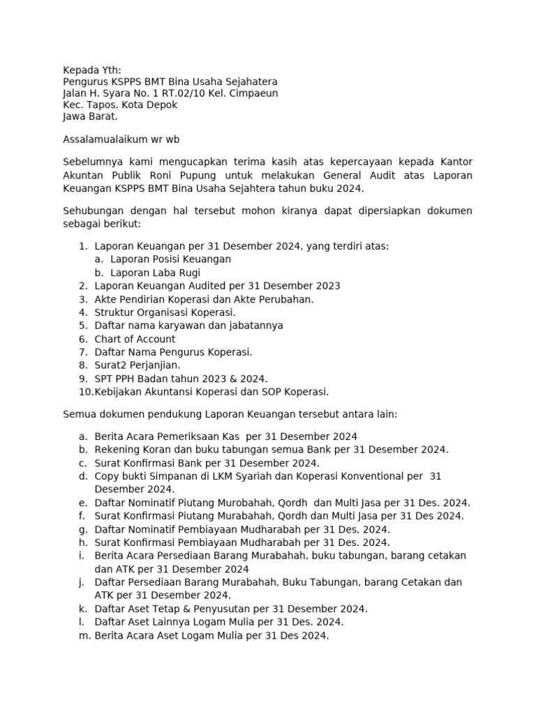 Persiapan Dokumen Audit KSPPS BMT 2024 | PDF