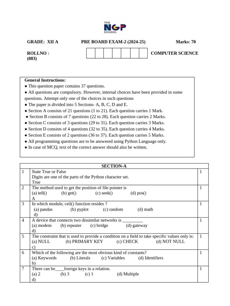 Grade 12 Cs - Pre Board 3 Ans | PDF | Filename | Relational Database