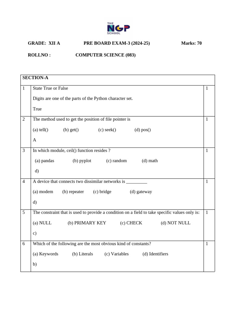 Grade 12 Cs - Pre Board 3 Ans | PDF | Filename | Relational Model