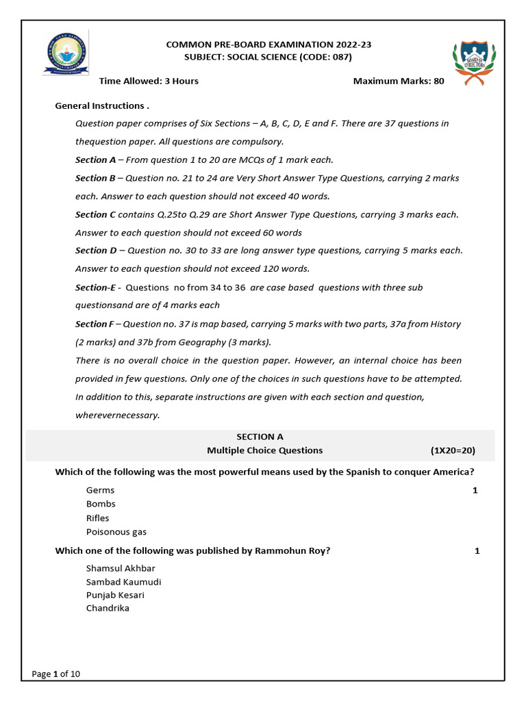 3.social Science QP Class 10 CPBE 2023 | PDF | Body Mass Index | Belgium