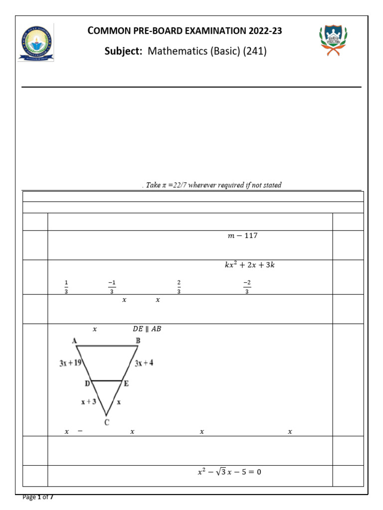 10mathematics Basic Class X QP CPBE 2023 | PDF | Circle | Numbers