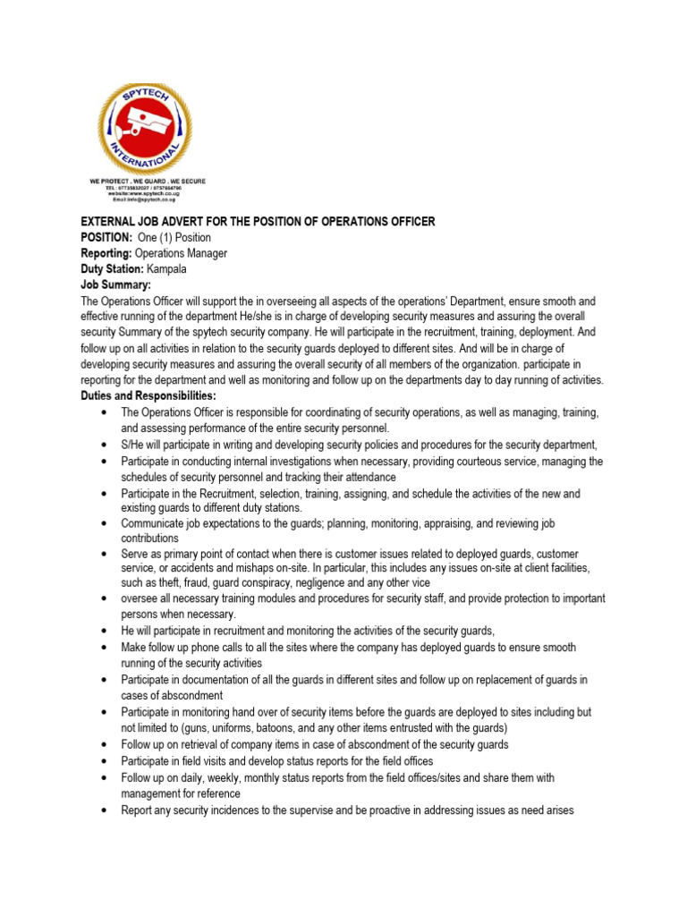 Job Advert For Operations Officer-Spytech International Security ...