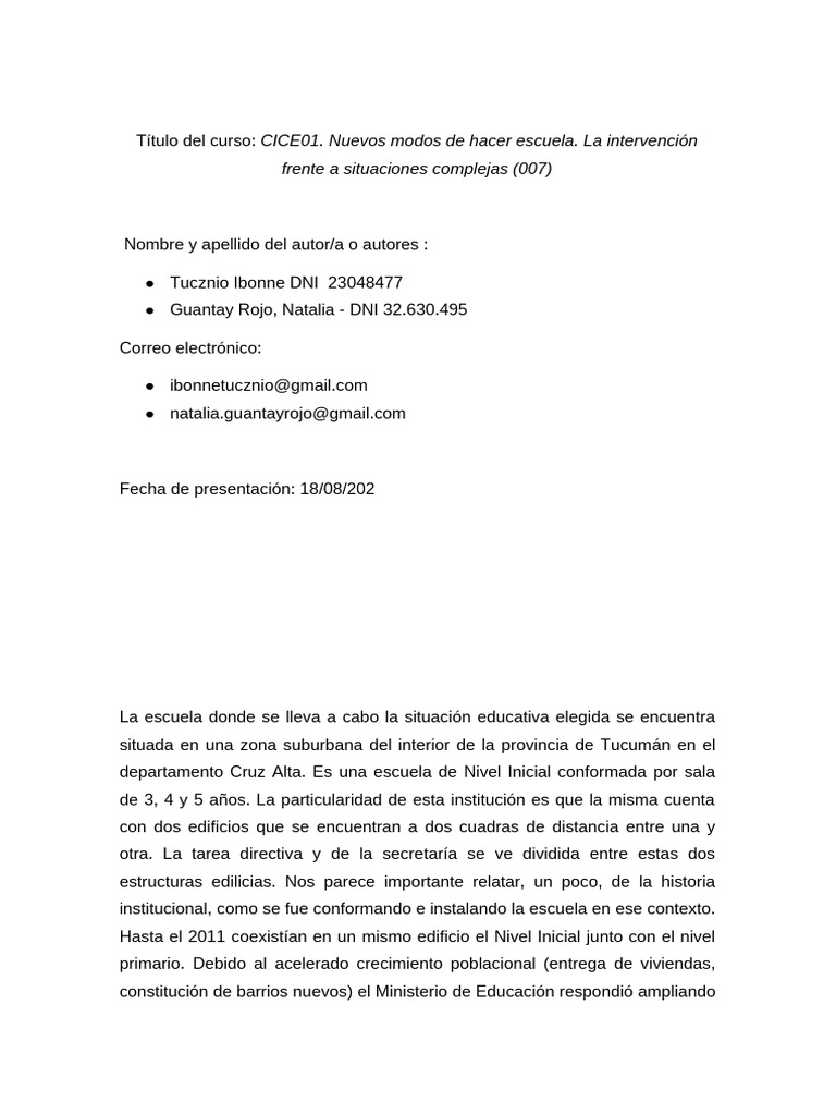 Título Del Curso CICE01. Nuevos Modos de Hacer Escuela. La Intervención ...