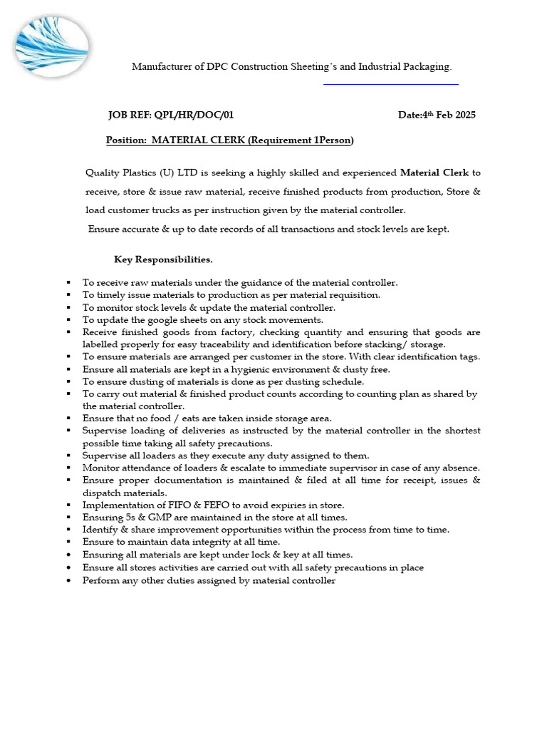 Advert Material Clerk | PDF | Computing | Business