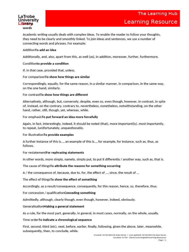Essential Linking Words for Academic Writing | PDF | Linguistics | Cognitive Science