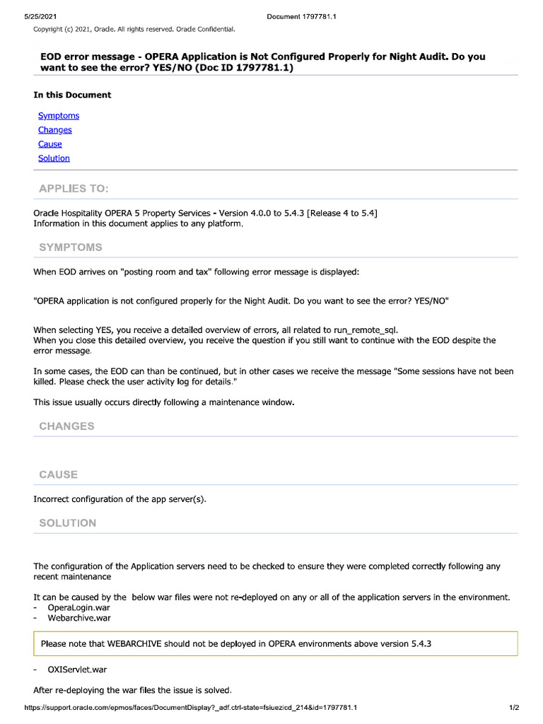 EOD Error Message - OPERA Application Is Not Configured Properly For ...