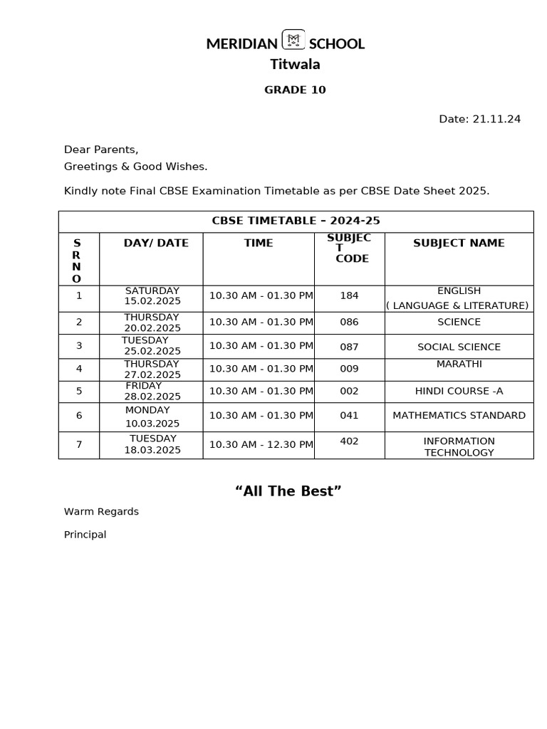 Grade 10 - Final Date Sheet CBSE Board Examination 2024-25 | PDF