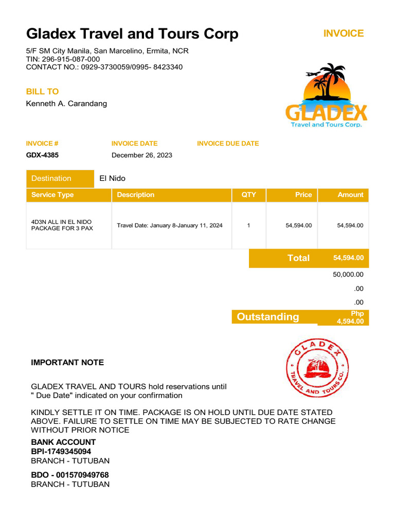Gladex Travel Invoice for El Nido Package | PDF