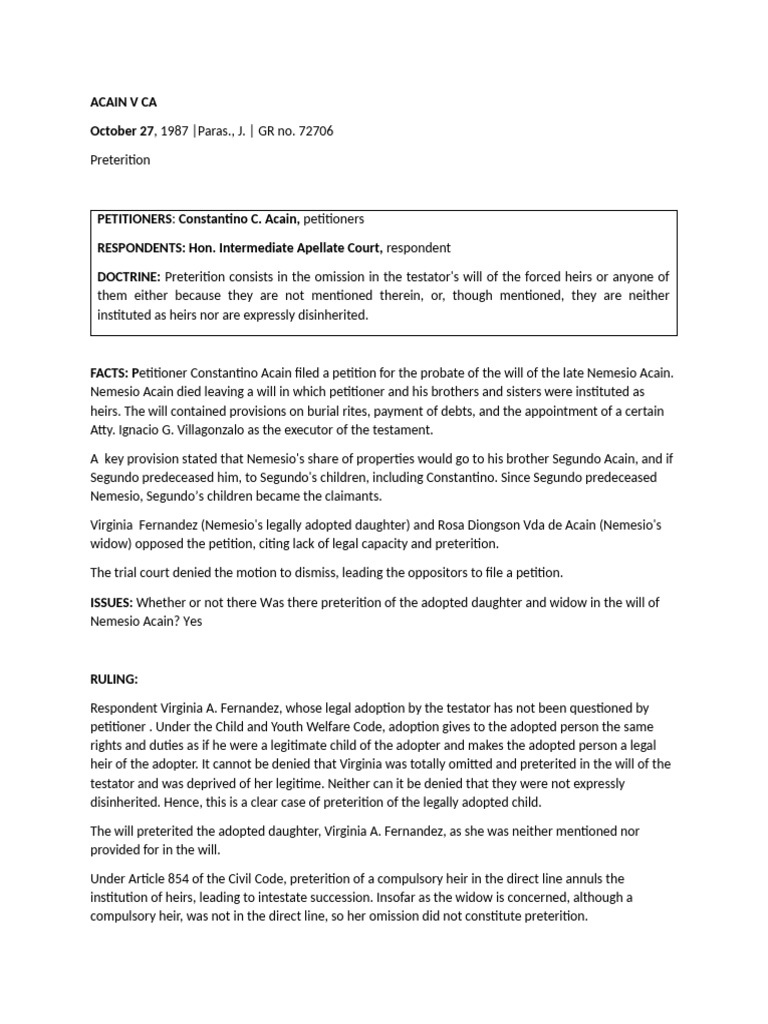 Preterition in Acain Will Case | PDF