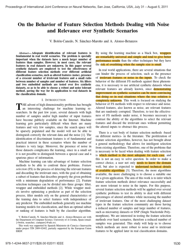 Feature Selection Methods in Noisy Data | PDF | Machine Learning | Algorithms