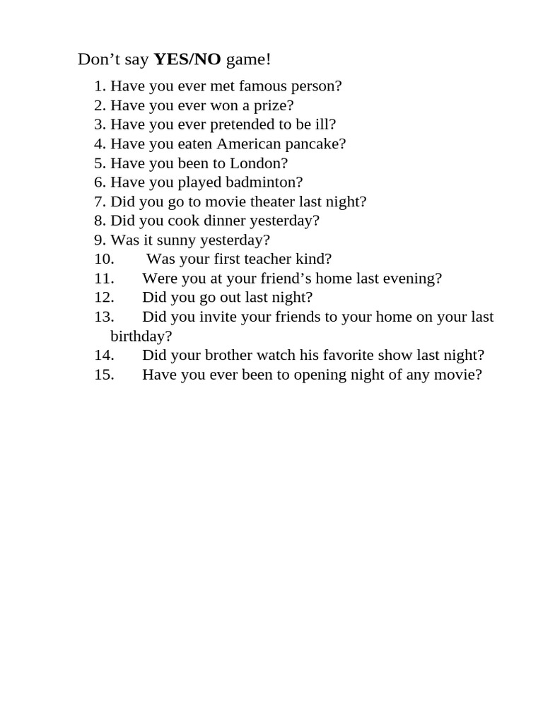 Engaging Yes No Game Questions Pdf