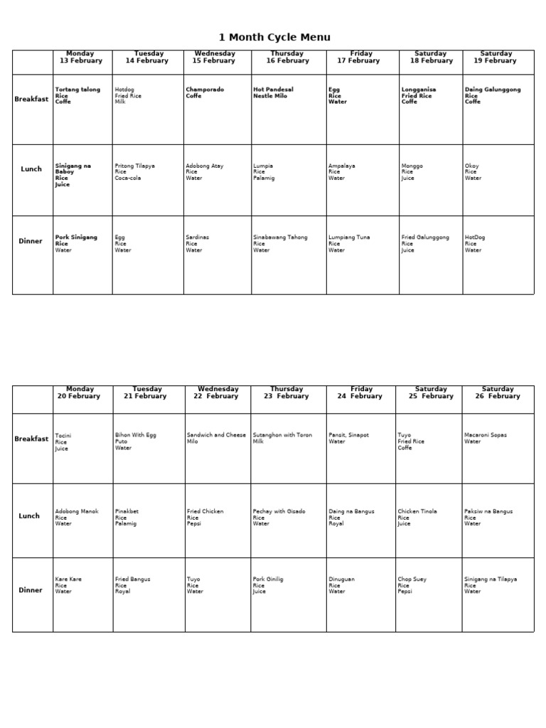 30 Days Cycle Menu | PDF | Lunch | Asian Cuisine