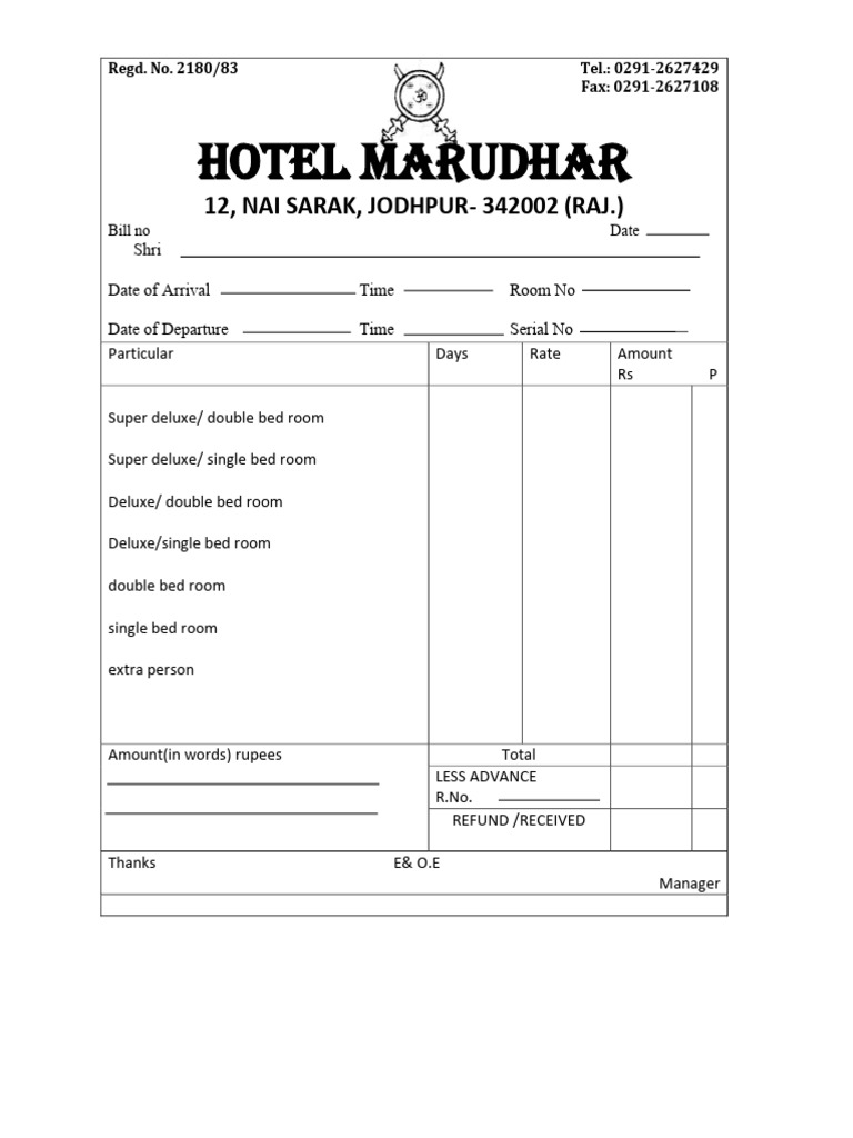 Hotel Marudhar Billing Invoice Template | PDF
