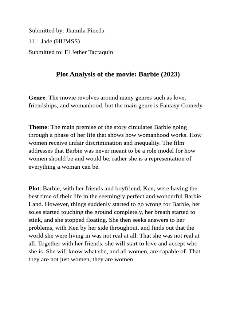Plot Analysis of The Movie: Barbie (2023) : Genre | PDF