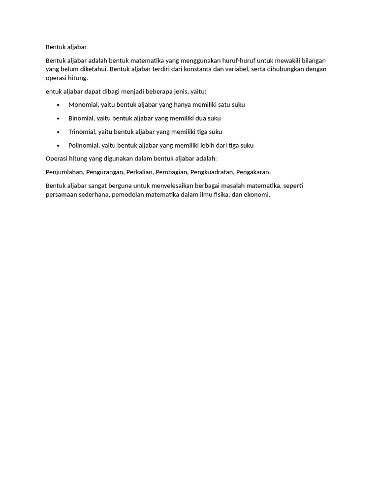Jenis-Jenis Bentuk Aljabar Matematika | PDF