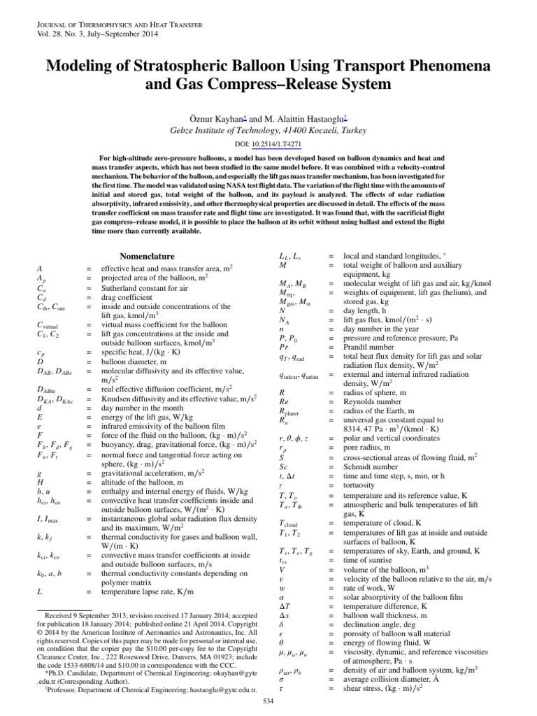 Modeling of Stratospheric Balloon Using Transport Phenomena and Gas ...