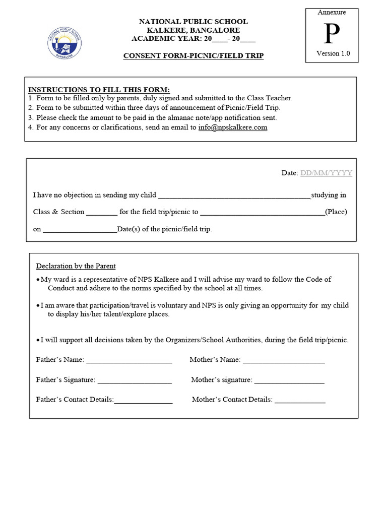 NPS Kalkere Picnic Consent Form | PDF