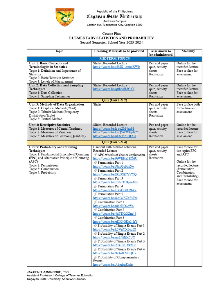 Course Plan: Elementary Statistics | PDF | Student's T Test | Statistics