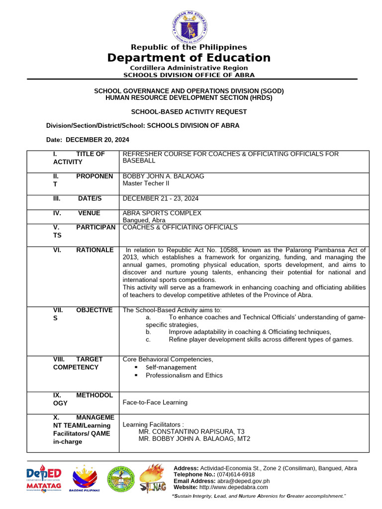 ACTIVITY REQUEST For COACHES OFFICIATING OFFICIALS | PDF | Learning ...