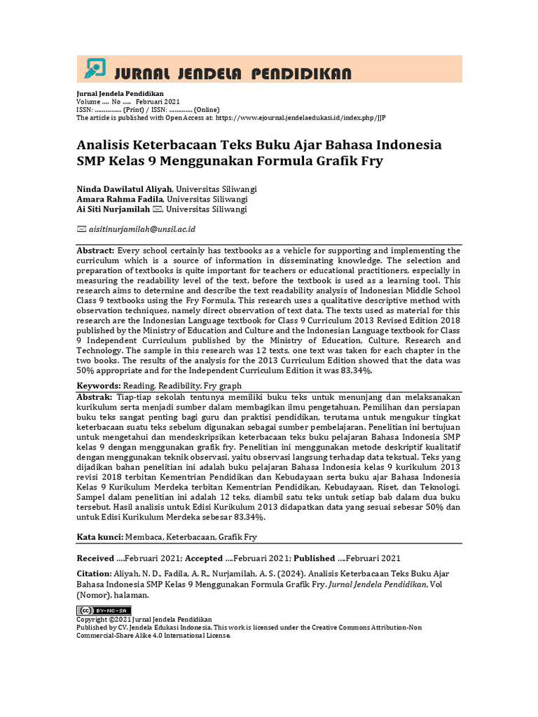 Analisis Keterbacaan Teks Buku Ajar Bahasa Indonesia SMP Kelas 9 ...