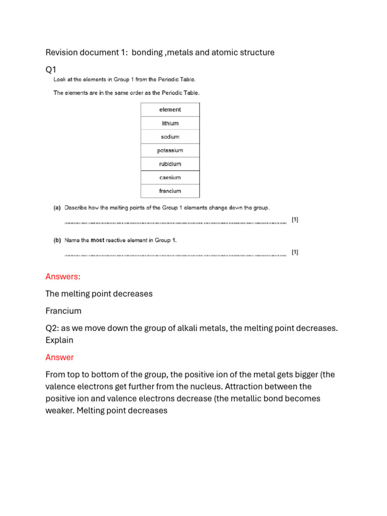 Revision 1 (Bonding, Metals and Atomic Structure) | PDF