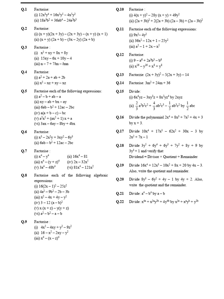 Factorisation Practice Questions Pdf Factorization Division Mathematics
