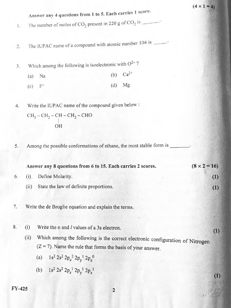 Kerala Plus Two Exam March 2023 - Chemistry Question Paper | PDF