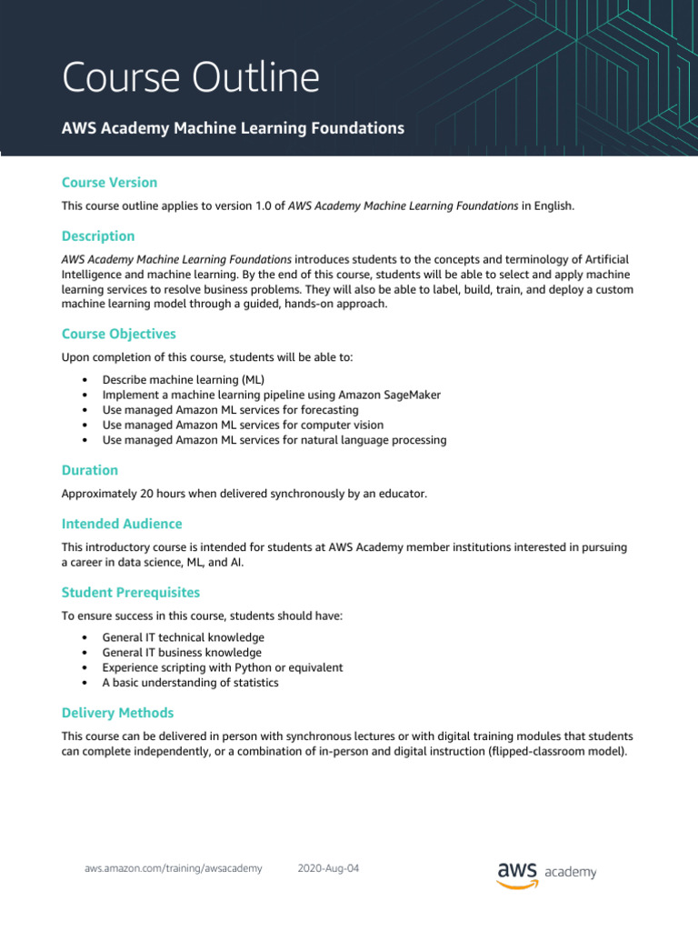 Aws Academy Machine Learning Foundations Course Outline en 2020 08 04 ...